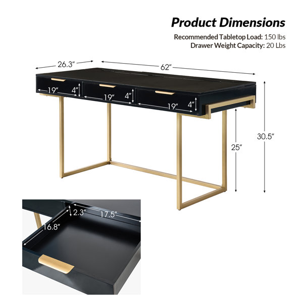 Everly Quinn Rothi Modern 62'' W Rectangle Writing Desk with Built-in Charging Station and Cable ...